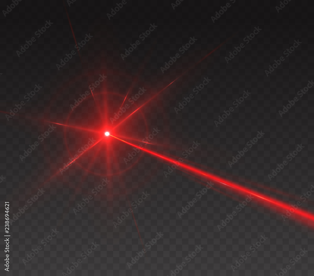 Laser beam isolated on transparent background. Abstract red shine light ...