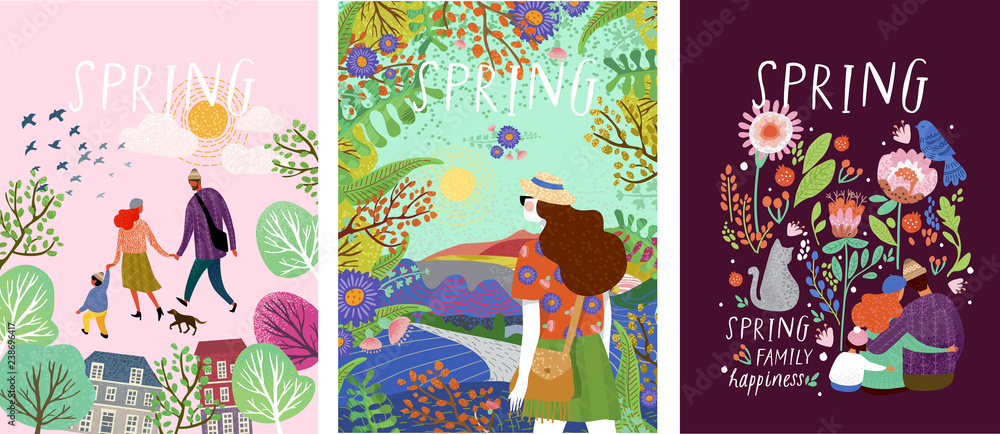 cute posters of spring time, vector drawn illustrations of a happy ...