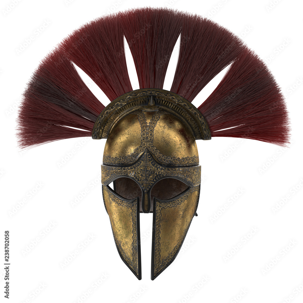 Spartan helmet with plumage on an isolated white background. 3d ...