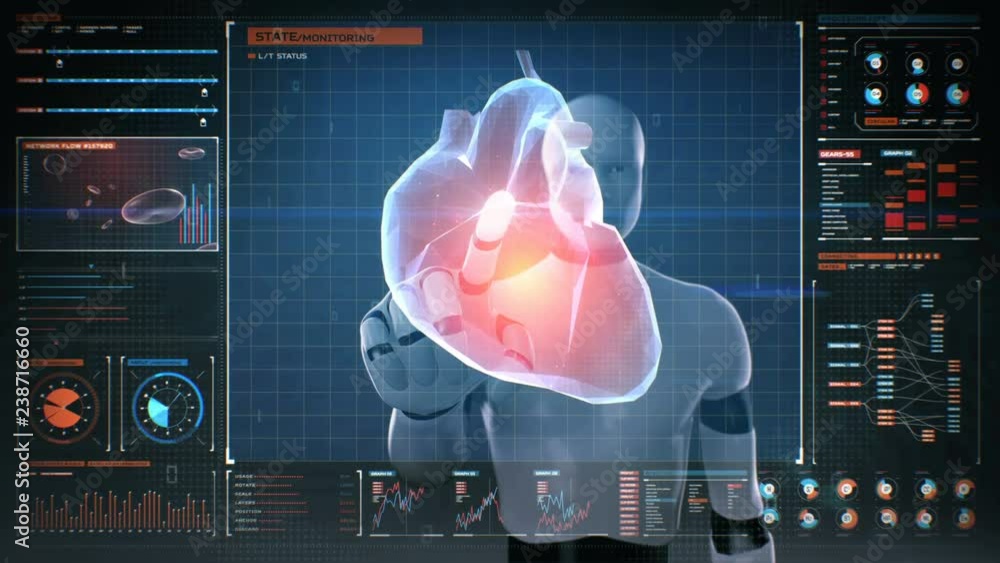 Robot touching digital screen, scanning polygon heart. Human ...