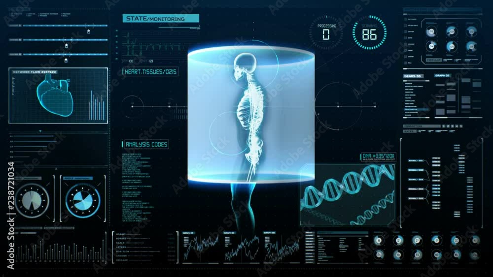 Scanning Human skeletal structure in digital display, UI, Scanning bone ...