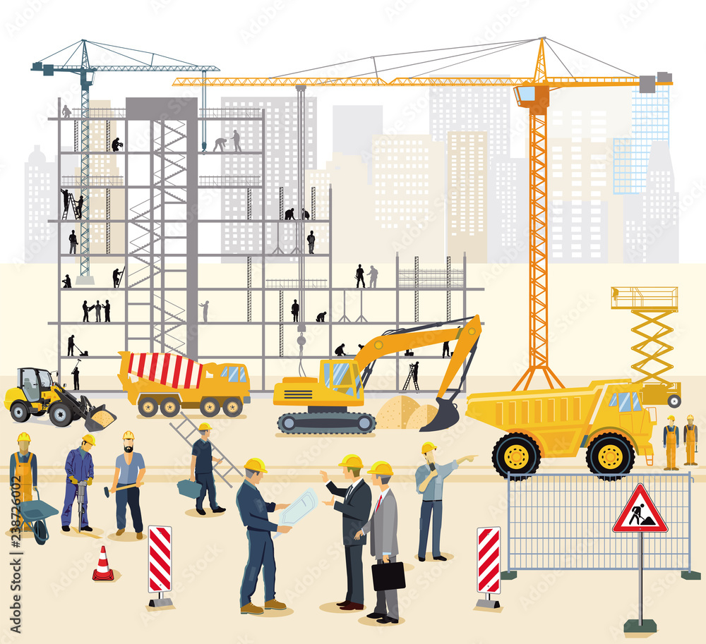 Transport und Arbeitskräfte auf der Baustelle. Illustration Stock ベクター ...