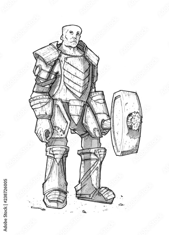 Black and white ink drawing of fantasy warrior knight in heavy armor ...