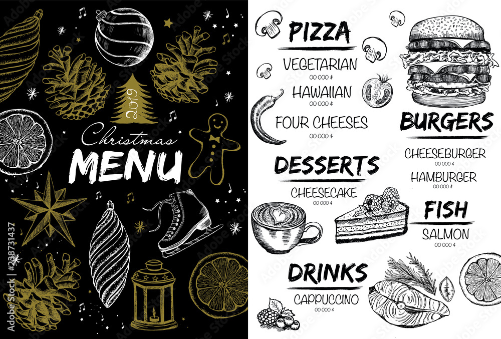 Christmas menu. Restaurant and cafe template. Food and drink brouchure ...