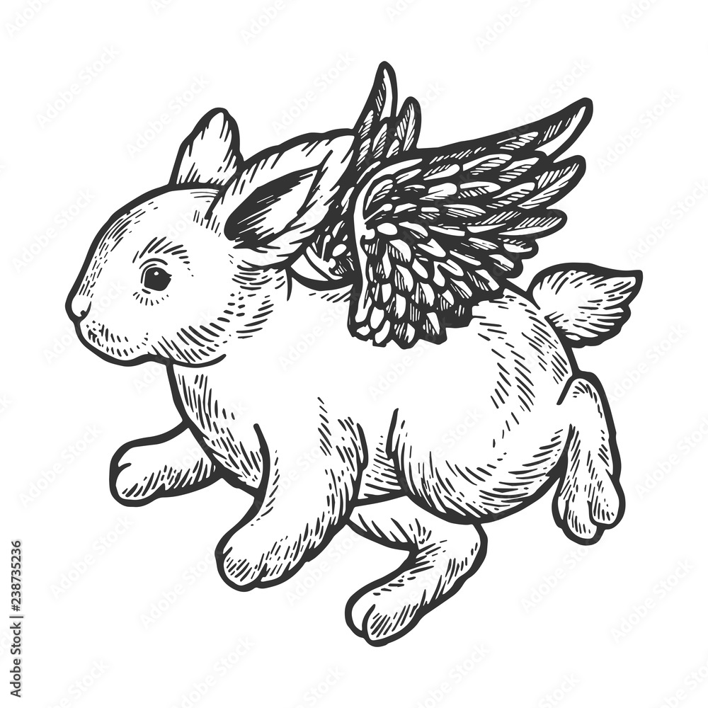 Angel flying baby little rabbit bunny engraving vector illustration ...