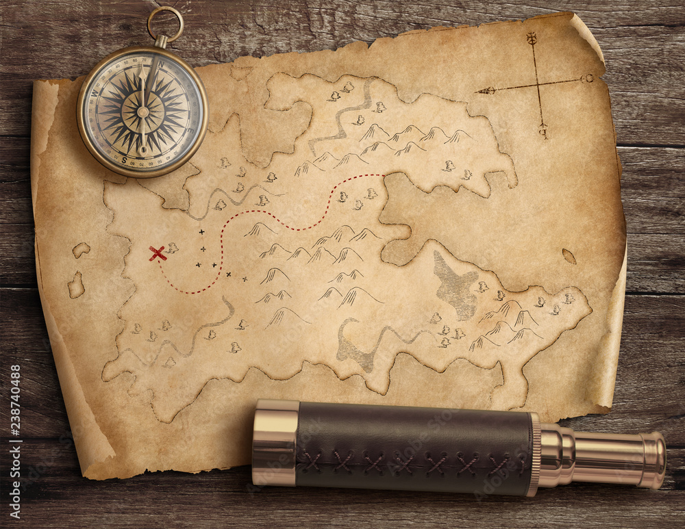 Old torn treasure map with compass and spyglass. Adventure and travel ...
