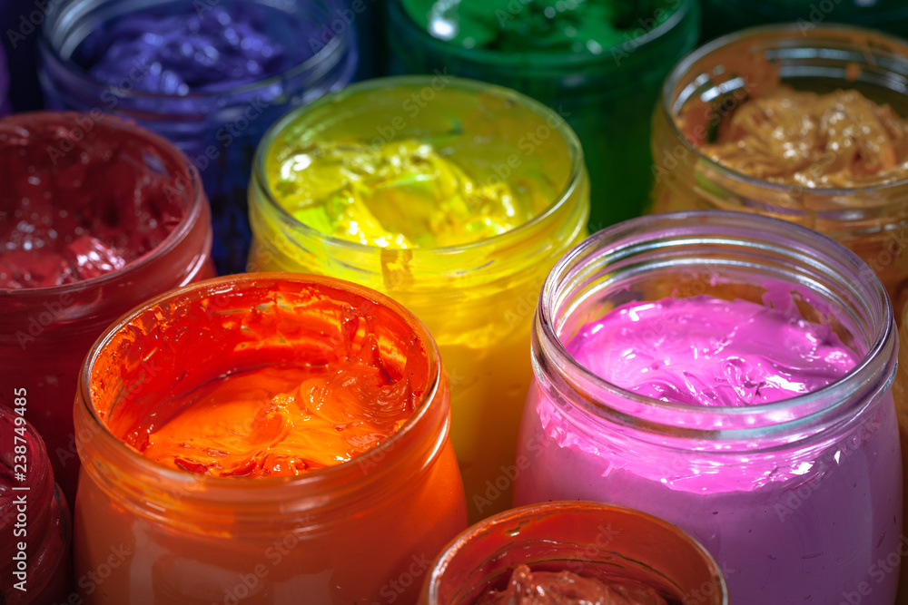 orange and pink colors of screen printing ink for print on tee shirts ...