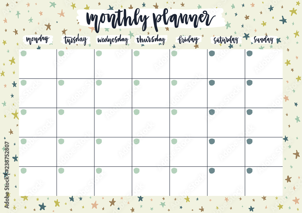 Cute monthly planner for 2019 year on pastel background with stars. A4 ...