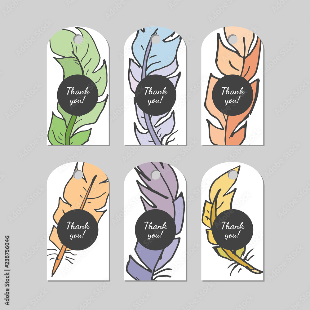Hand drawn creative tags with feathers. Shopping, sales, advertising ...