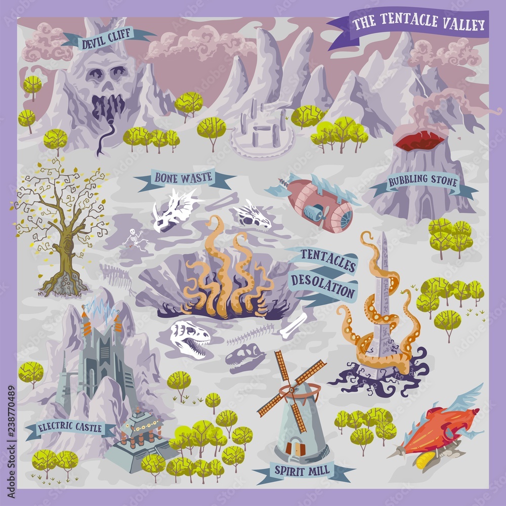 Fantasy adventure map for cartography with colorful doodle hand draw ...