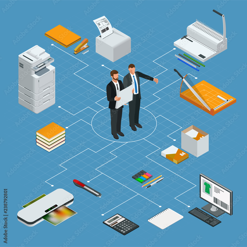 Isometric office tools concept. Vector icons illustration stapler ...