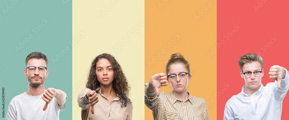 Collage of a group of people isolated over colorful background looking ...