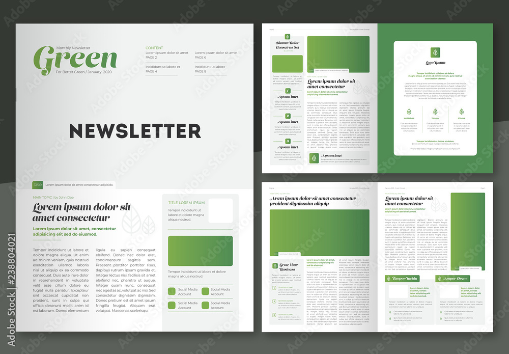 Modelo do Stock: Newsletter Layout with Green Accents | Adobe Stock