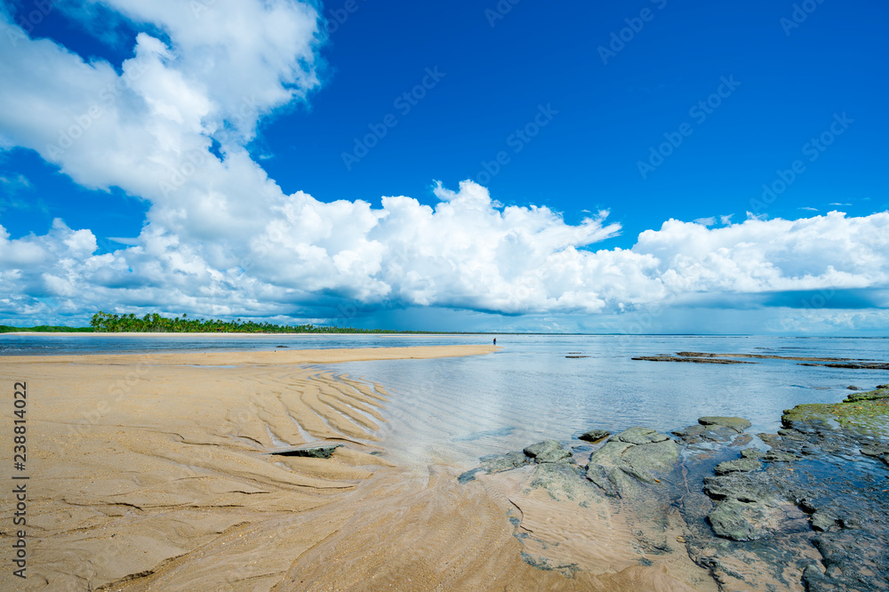 Bright scenic view of rustic deserted Brazilian beach with the low tide ...