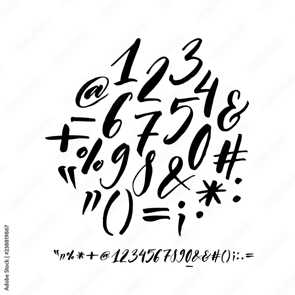 Collection of hand drawn numbers and orthographic symbols. Modern brush ...