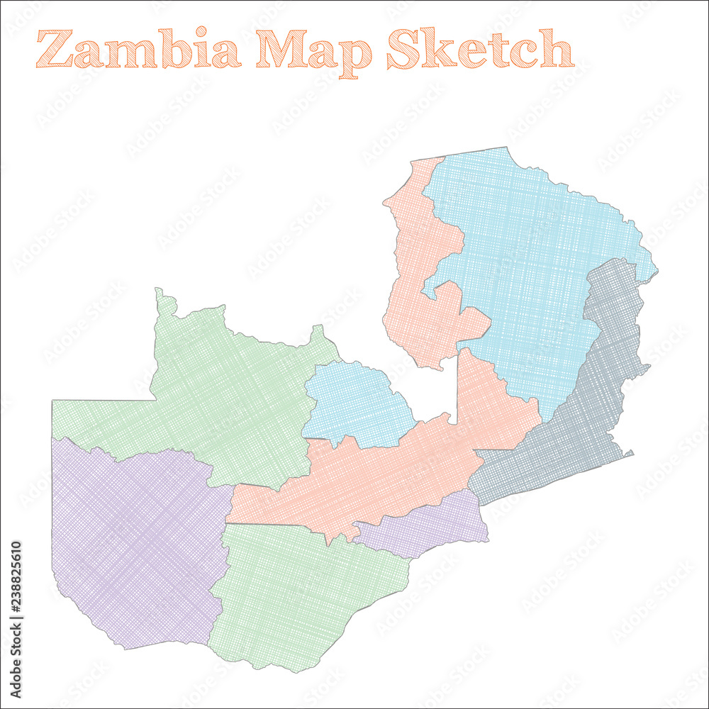 Zambia map. Hand-drawn country. Fantastic sketchy Zambia map with ...