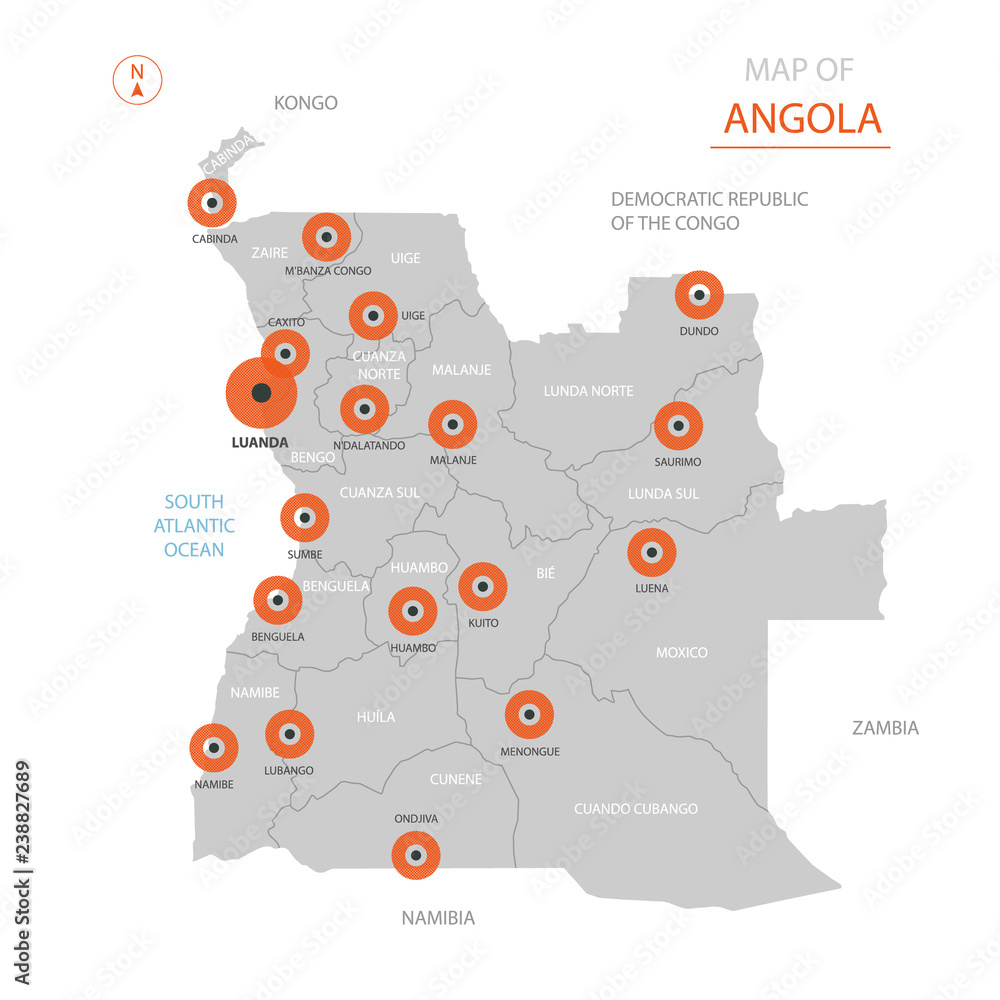 Stylized vector Angola map showing big cities, capital Luanda ...