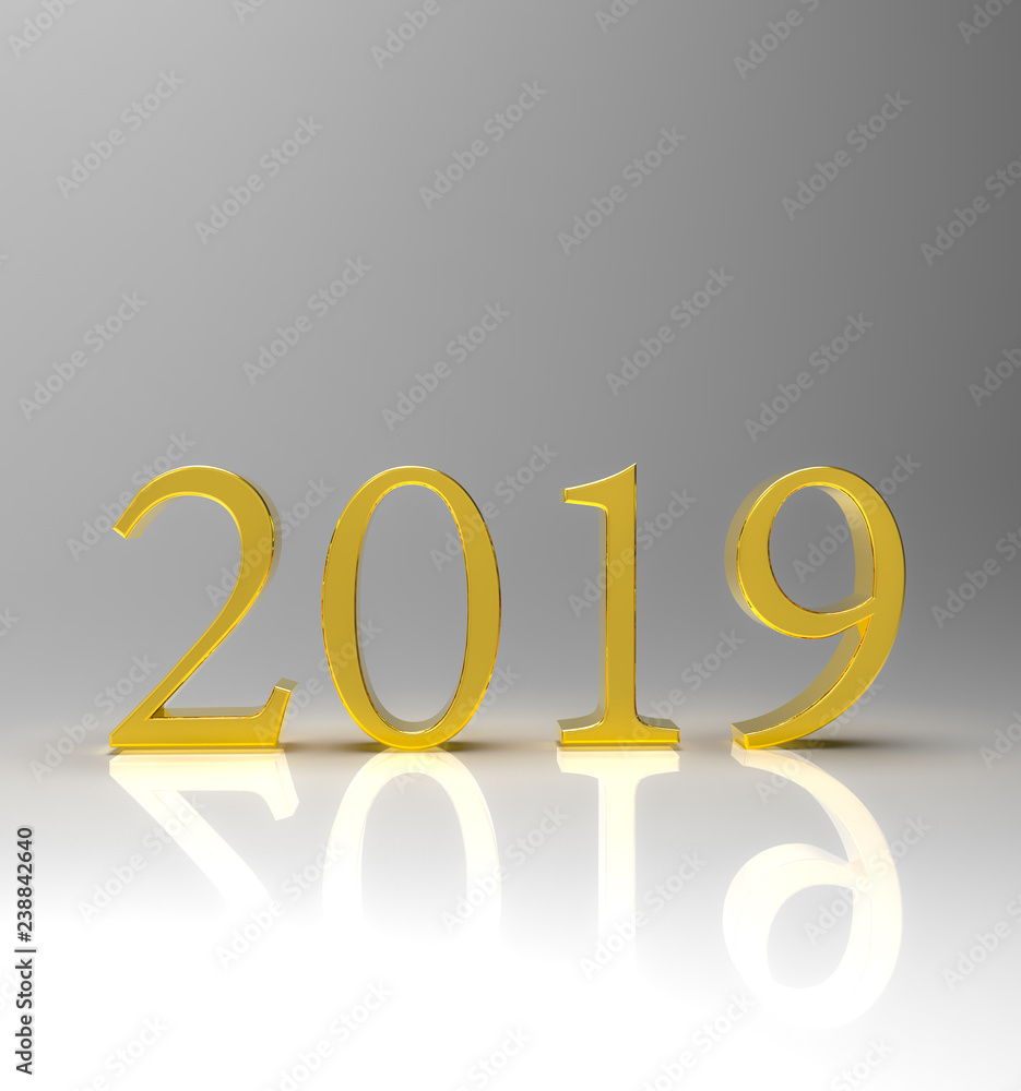 Gold numbers 2019 with reflection and shadows on studio background for ...
