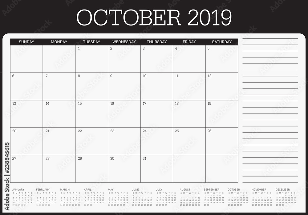 October 2019 monthly calendar vector illustration Stock Vector | Adobe ...