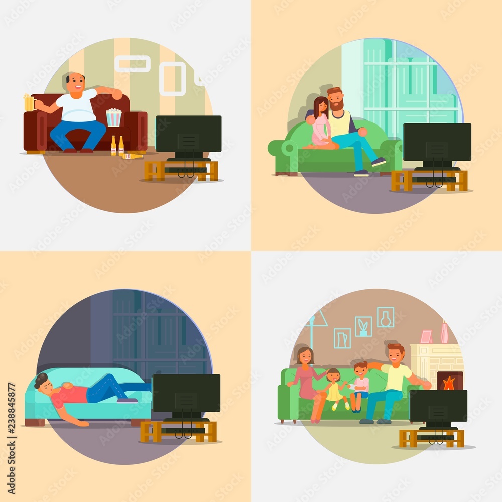 People watching TV at home vector flat illustration Stock Vector ...