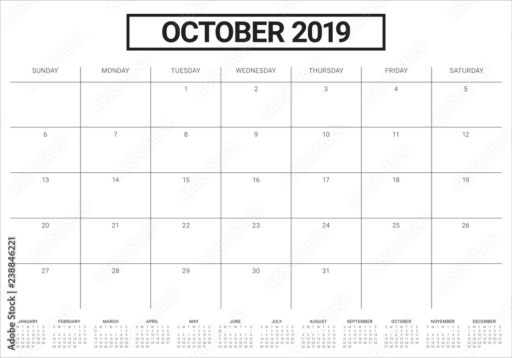 October 2019 monthly calendar vector illustration Stock Vector | Adobe ...