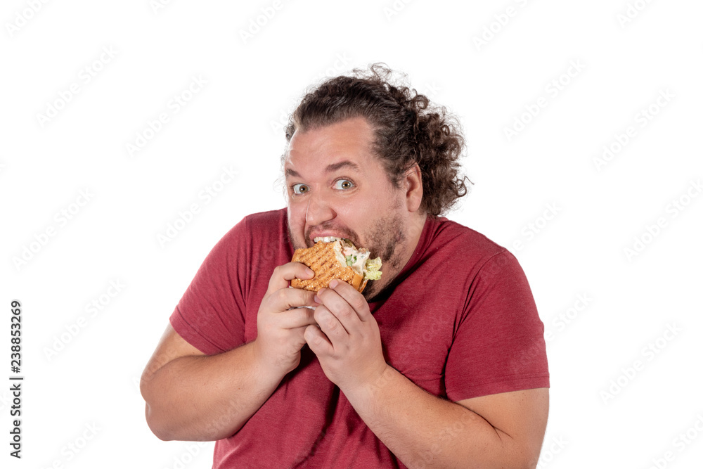 Funny fat man eating hamburger. Fast food, unhealty eat. Overweight and ...