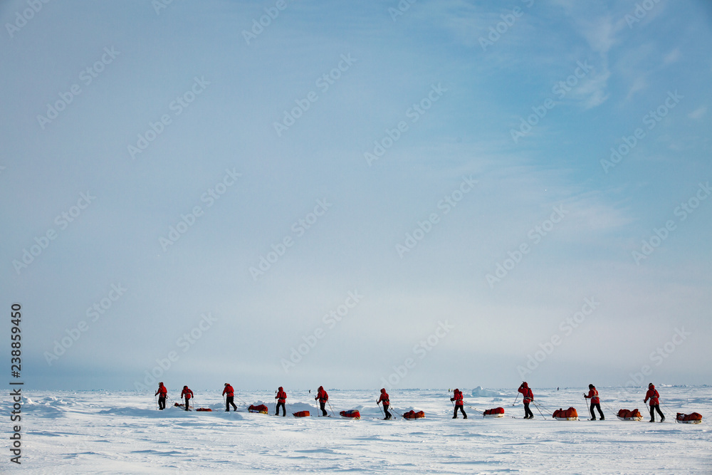 Barneo drifting camp, North Pole - April 11, 2015: Group of teenagers ...