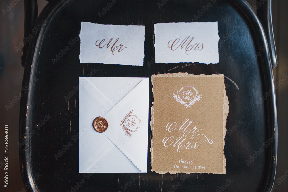 Wedding card design. Postal card design. Sealing wax stamp. Golden ...