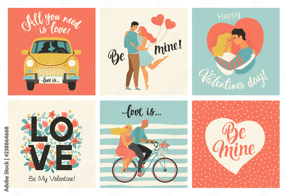 Collection of designs with cute loving couples. Valentines day card and ...