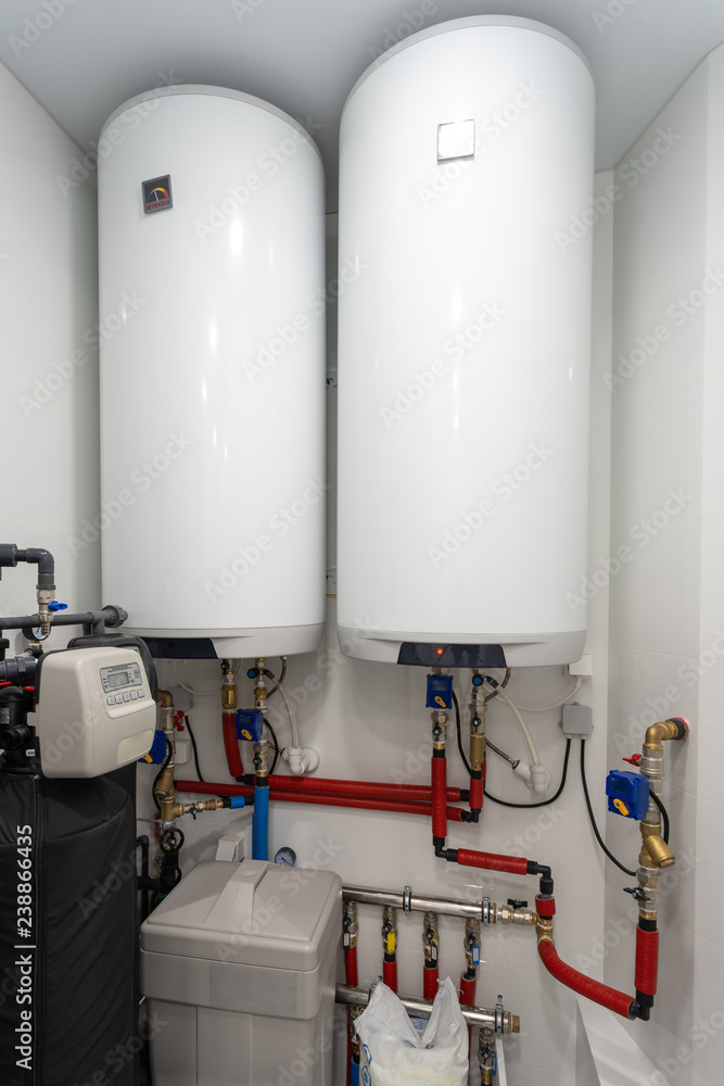 Vertical photo of central hydraulic boiler system with white heating ...