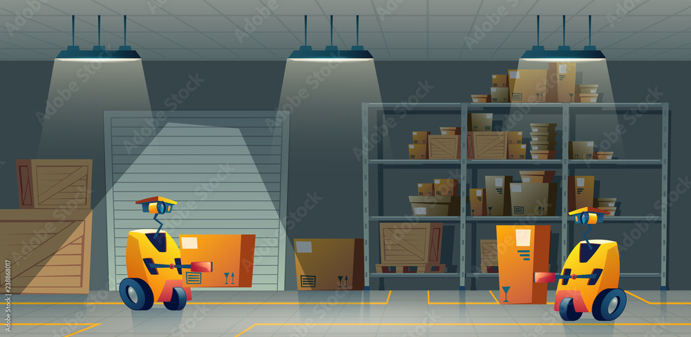 Vector cartoon storehouse with robot-workers, delivery by smart ...