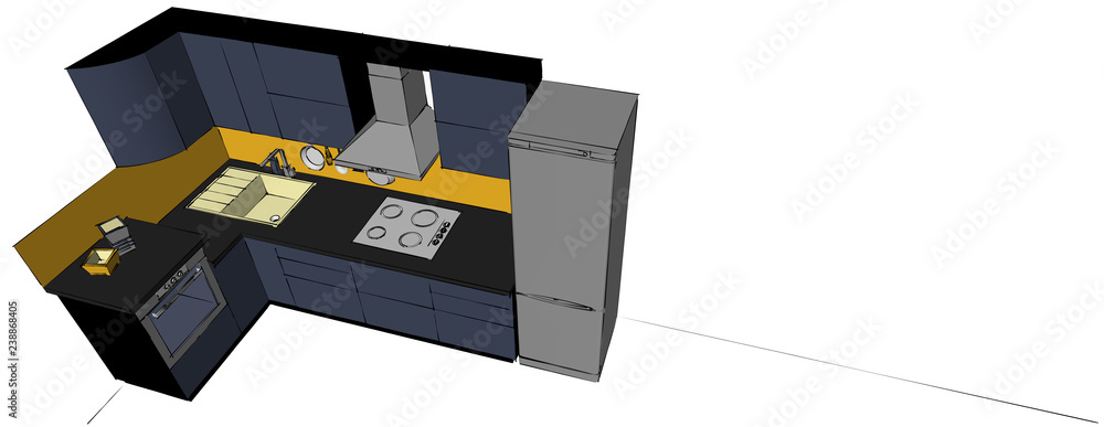 Sketch of modern kitchen interior on a long white background. Top view ...