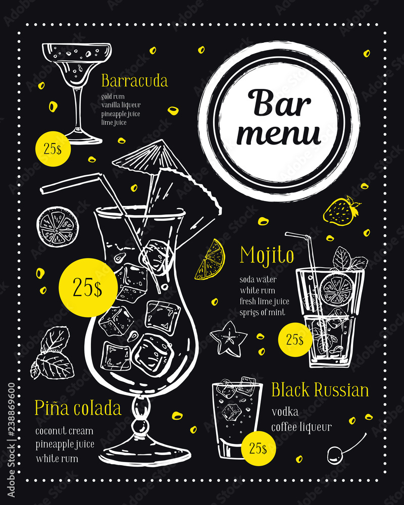 Bar menu design template. Different cocktails illustrations with ...