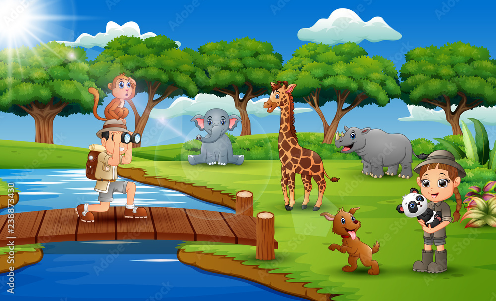 Cartoon of zookeeper boy and girl with animal in the jungle Stock ...