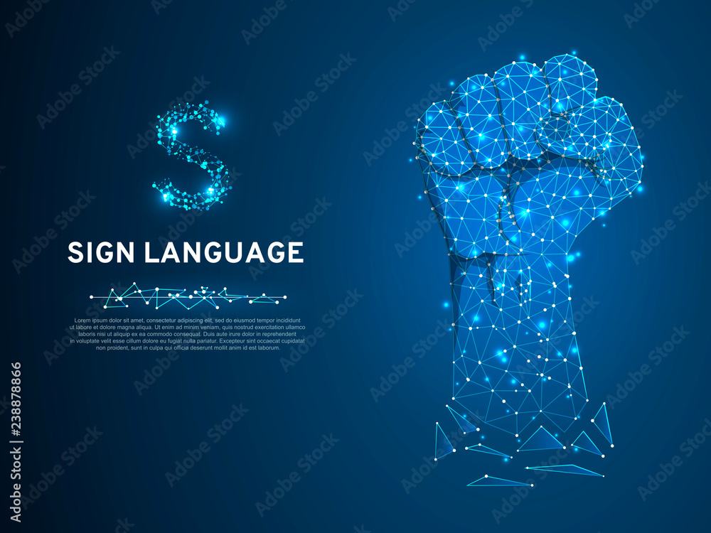 Sign language S letter, raised up clenched fist gesture. Polygonal ...