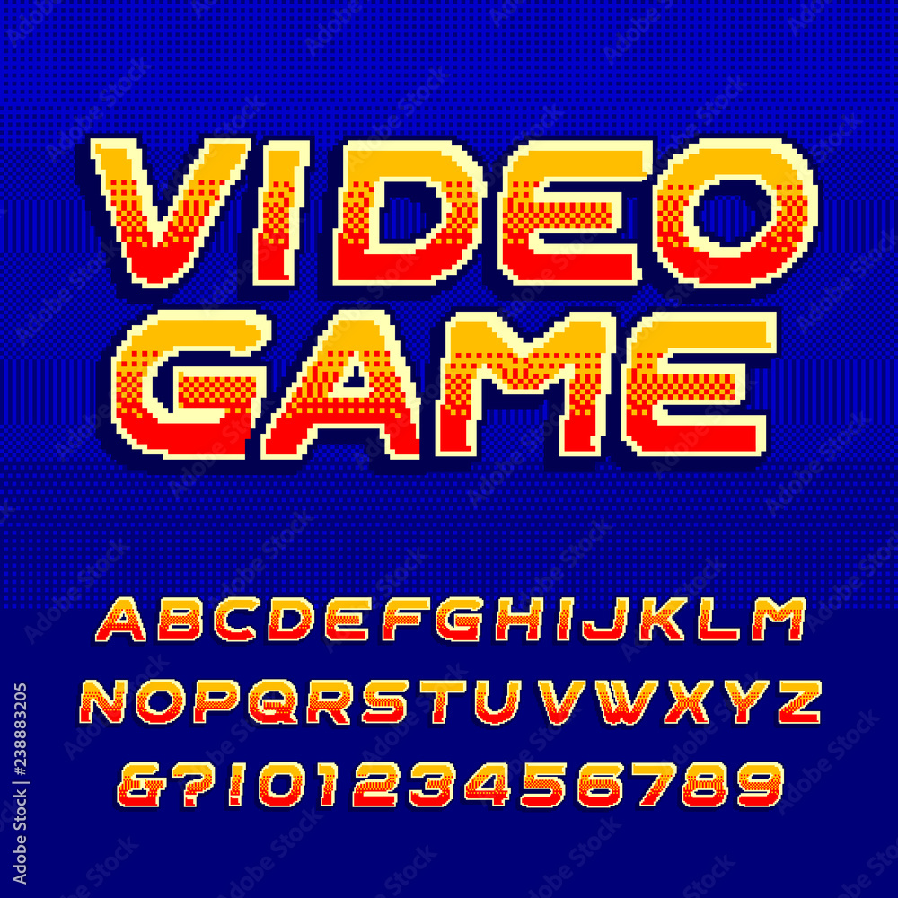 Video game alphabet font. Digital gradient uppercase letters. Pixel ...