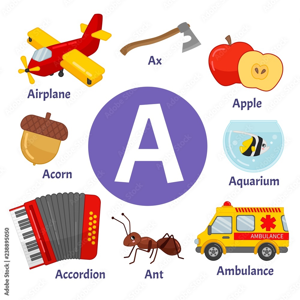 Learning card alphabet. Letter A. Set of cute cartoon illustrations ...