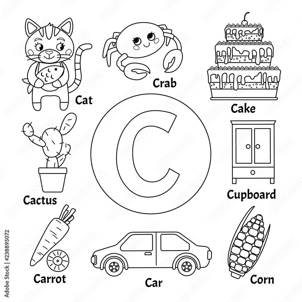 Learning card alphabet. Letter C. Set of cute cartoon illustrations ...
