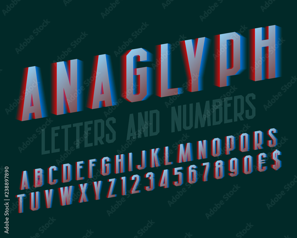 Anaglyph letters and numbers with currency signs. Urban glowing font ...