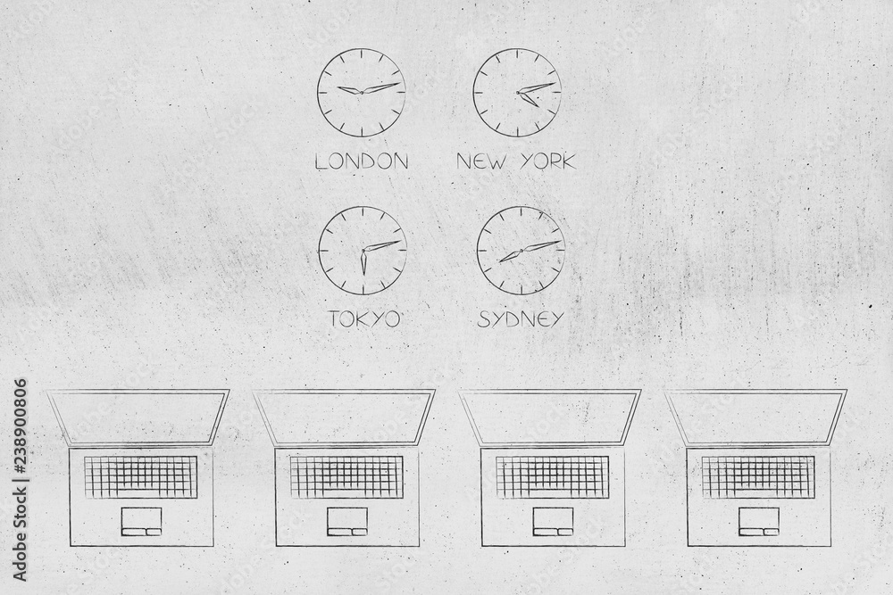group of 4 laptops and clocks with different time zones in square ...