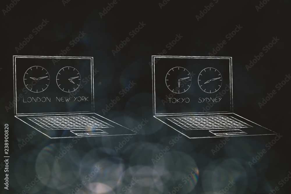 laptops with clocks on their screens with different time zones Stock ...