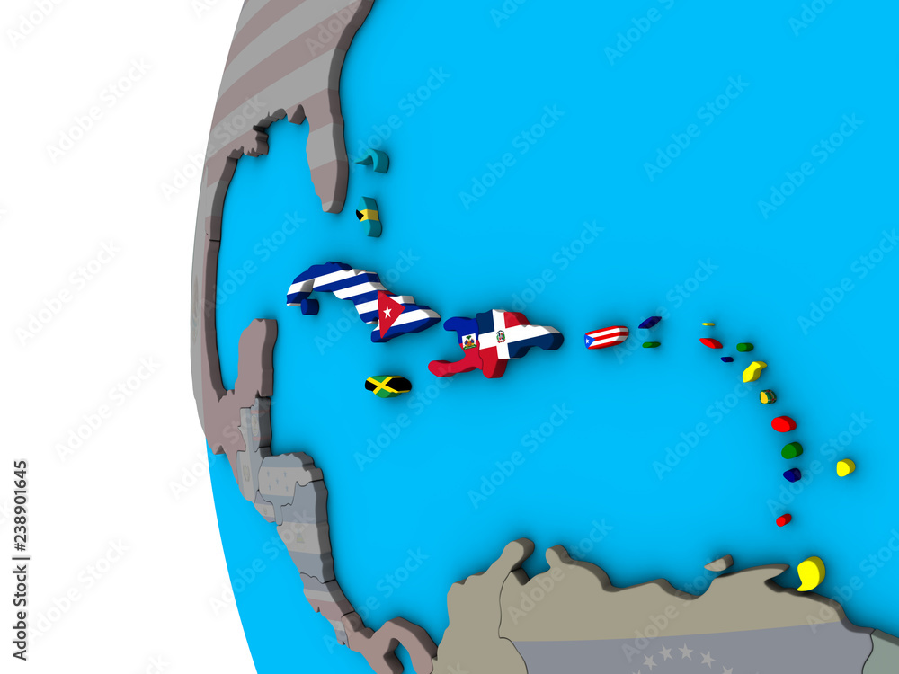 Caribbean with national flags on blue political 3D globe. Stock ...