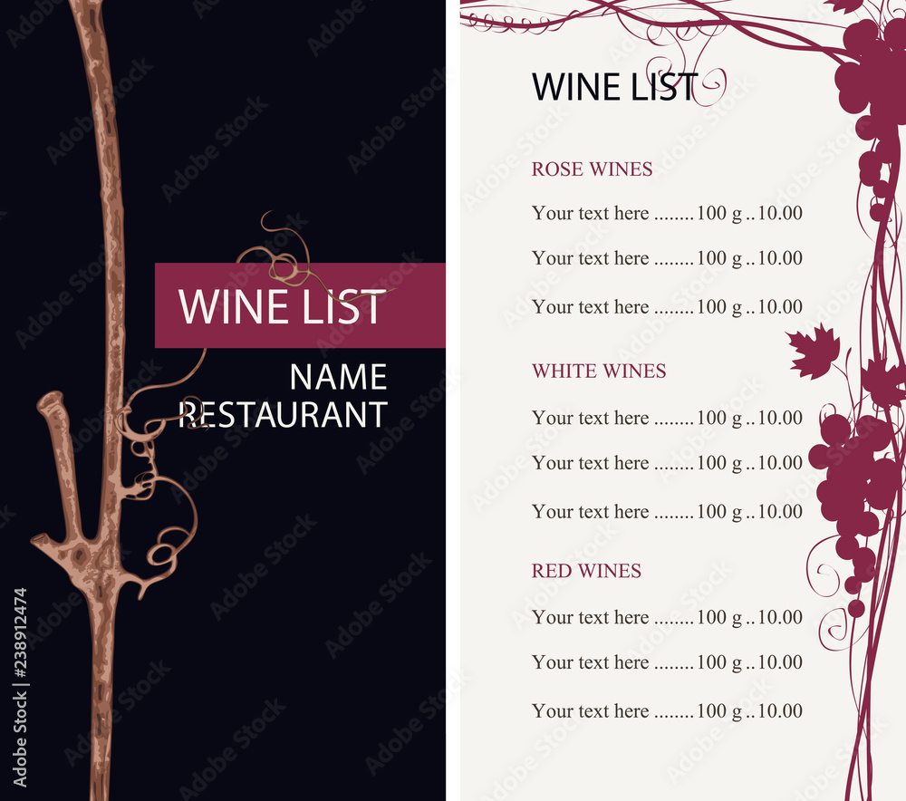 Vector wine list for restaurant or cafe with a branch of grapes, a ...