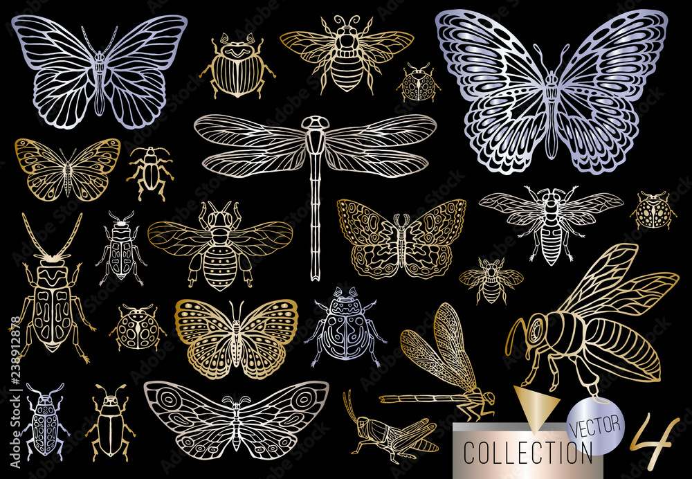 Big hand drawn golden line set of insects bugs, beetles, honey bees ...