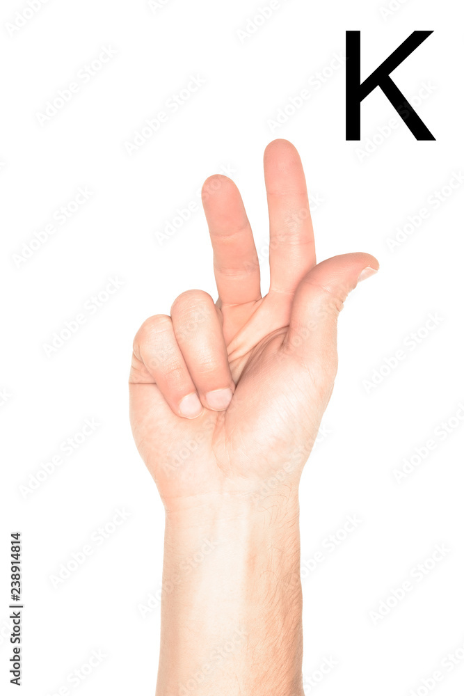 partial view of hand showing latin letter - K, deaf and dumb language ...