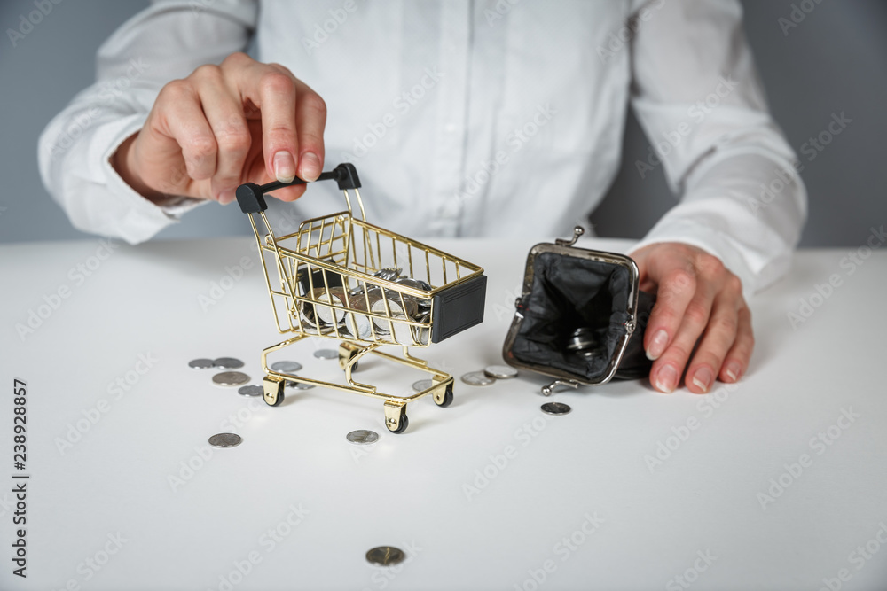 Hand holding a coin with pile of coin in the shopping cart on white and ...