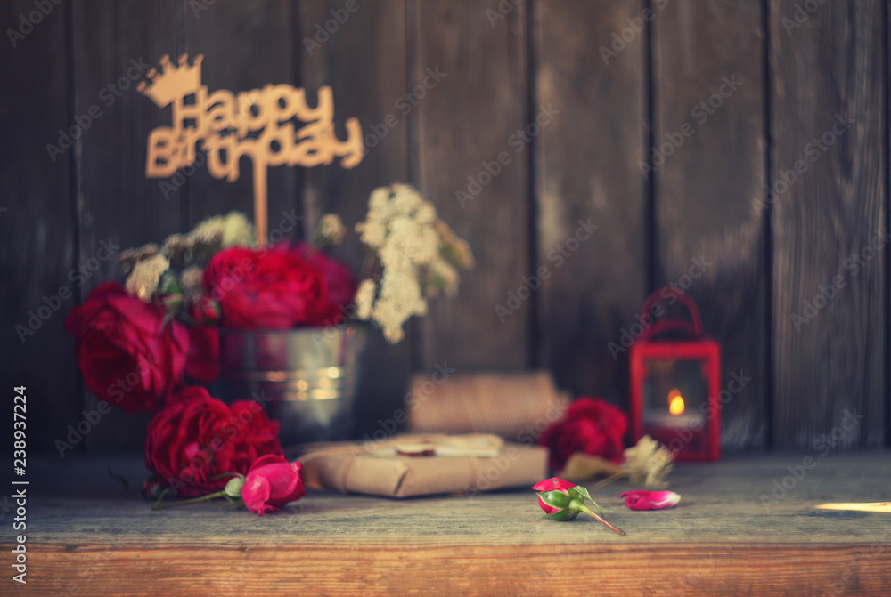 happy birthday card with pink roses and gift/vintage style,old rustic ...
