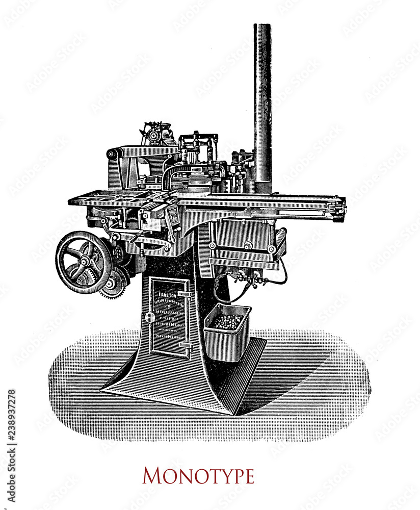 Poster Monotype printing machine caster, it casts individual letters ...
