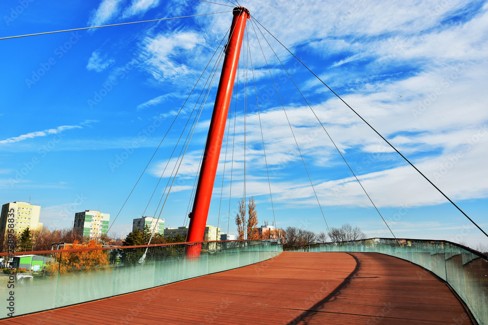 Suspension bridge in Drumul Taberei Park, also known as Moghioros Park ...