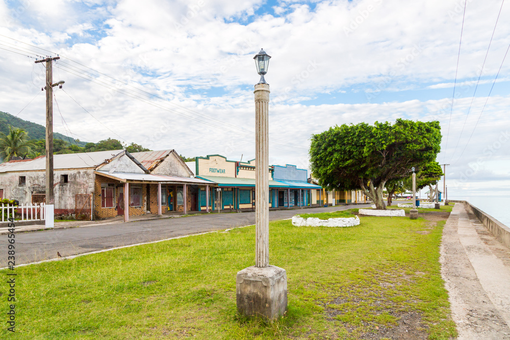 Colourful empty seafront of old colonial capital of Fiji - Levuka town ...